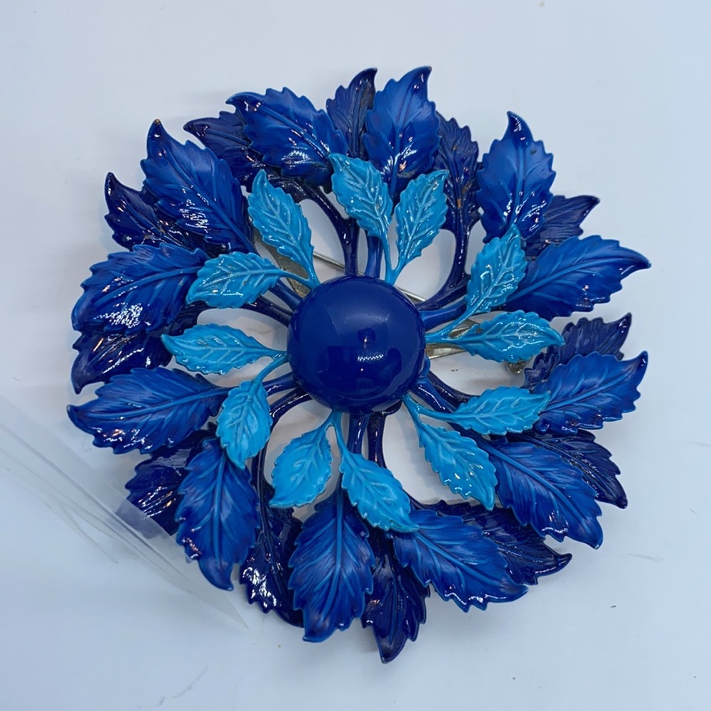Vintage Big Blue Flower Enamel Brooch Pin - Gem